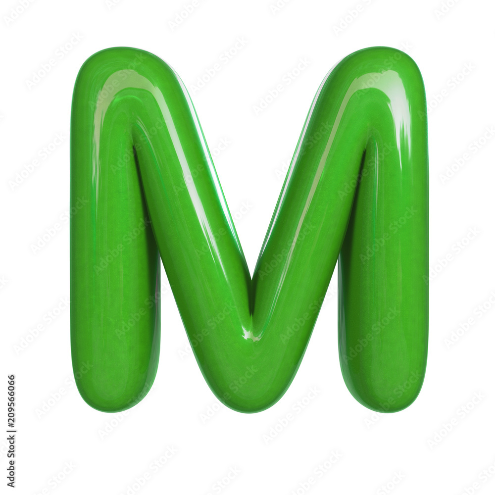 Glossy green paint letter M. 3D render of bubble font isolated on white ... Glossy green paint letter M. 3D render of bubble font isolated on white ...
