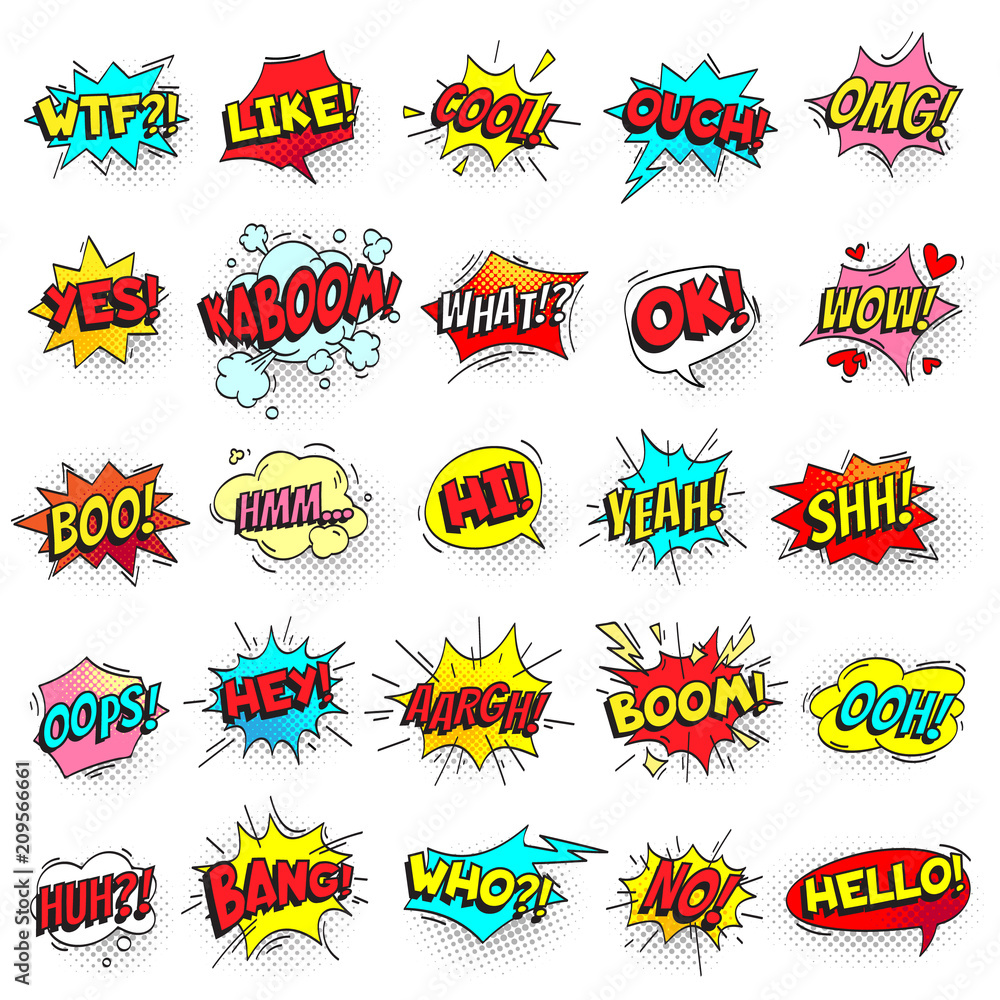 Bang, ouch shouts and yeah shouting text bubble with halftone pattern ...