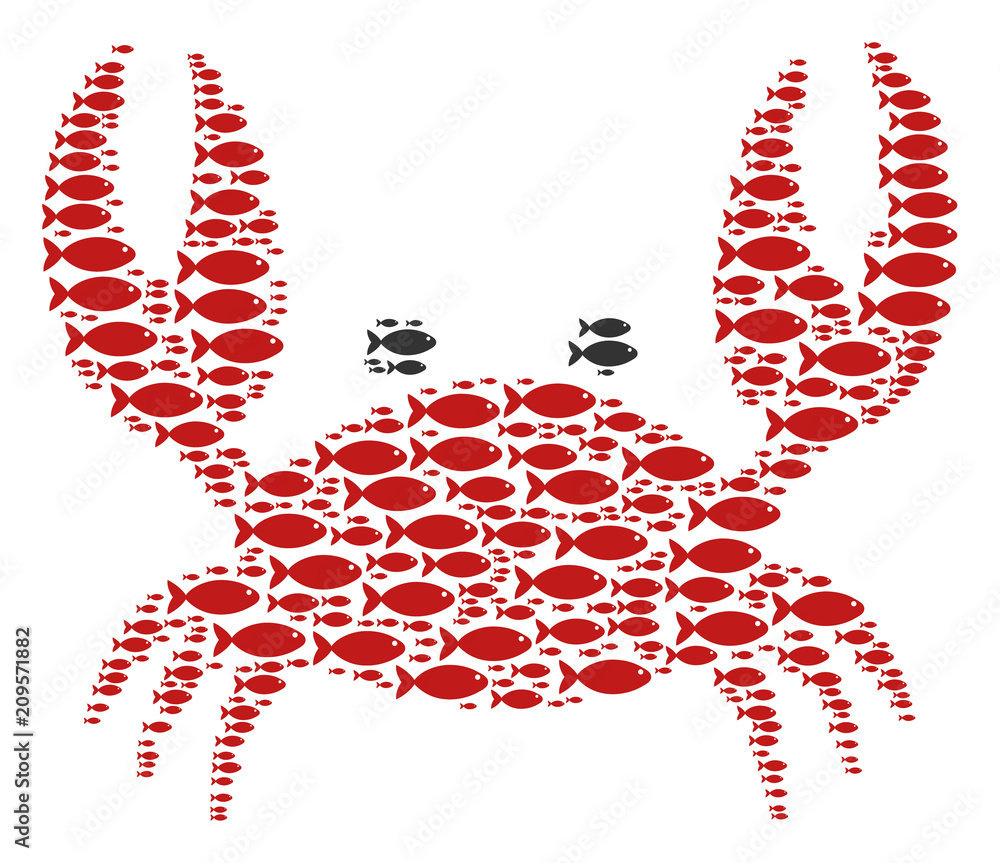 Crab vector collage built from scattered fish items in different sizes ...