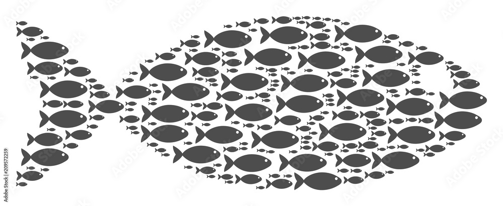 Fish vector shape constructed of random fish icons in variable sizes ...