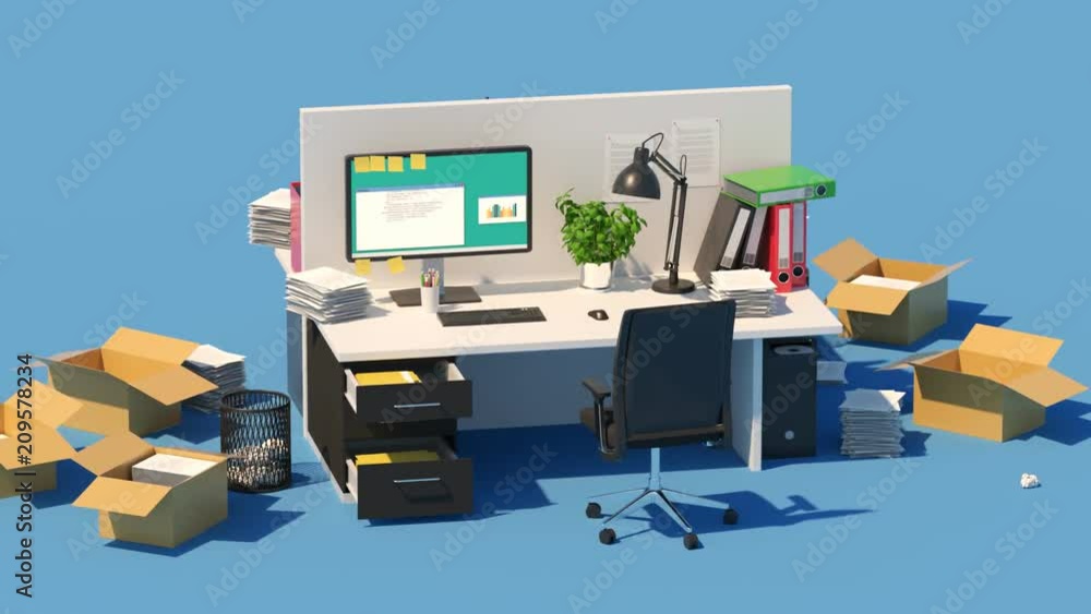 Isolated Office Cubicle Hard Work At Day. Chaos and overwork in the ...