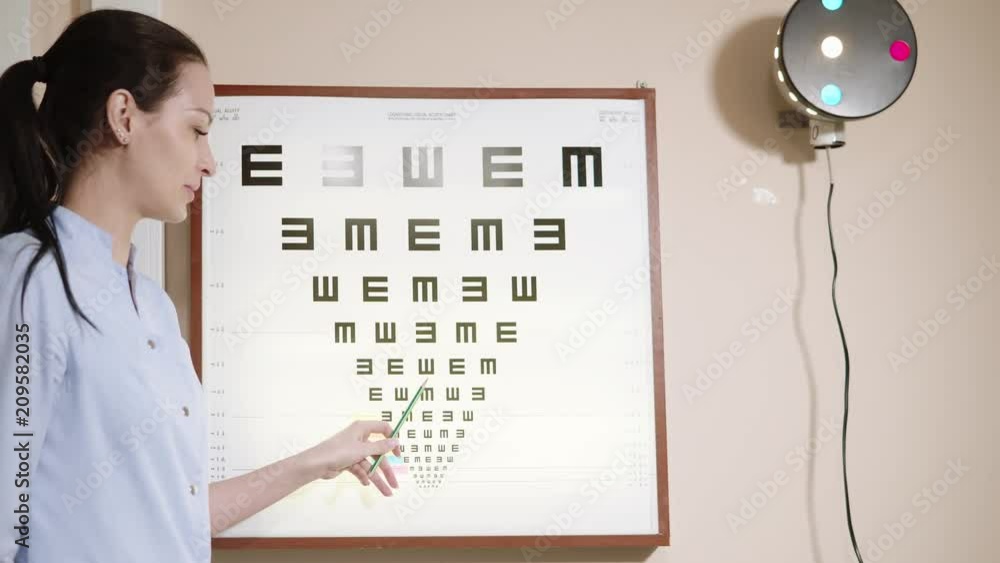 Young cheerful eye doctor is showing symbols on a table hanging on a ...
