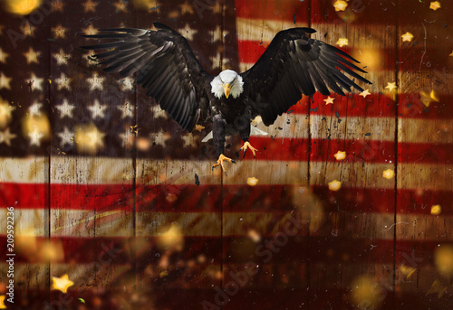 Bald Eagle flying with American flag Stock Photo | Adobe Stock