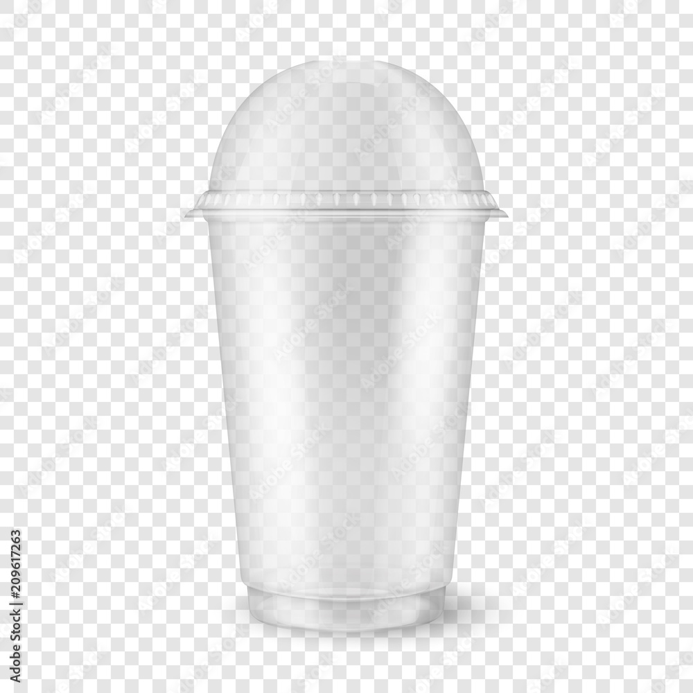 Vector realistic 3d empty clear plastic disposable cup with sphere dome ...