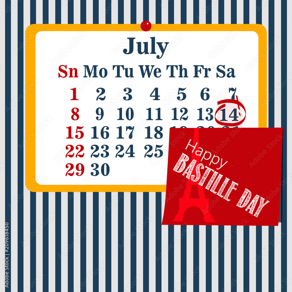 Vector illustration calendar for the 14th of July. Happy Bastille Day ...