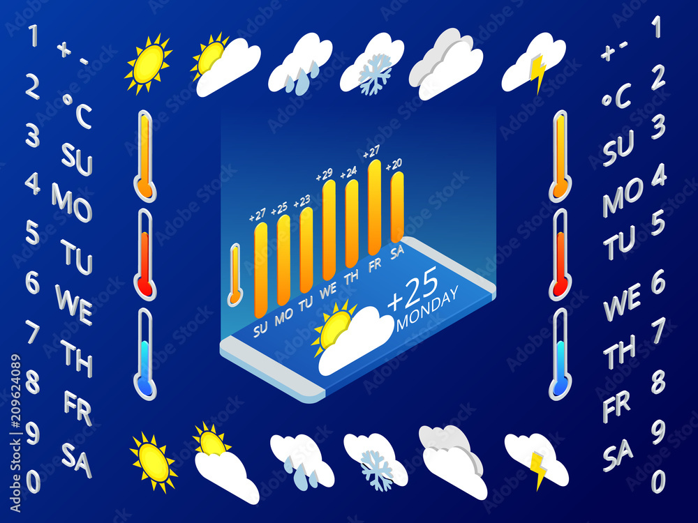 Isometric set of weather application design elements. Weather symbols ...