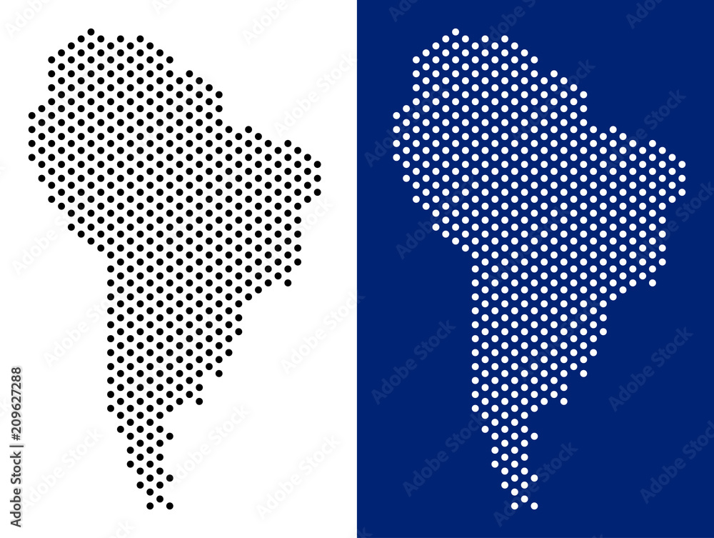 Dot South America map. Vector geographic map on white and blue ...