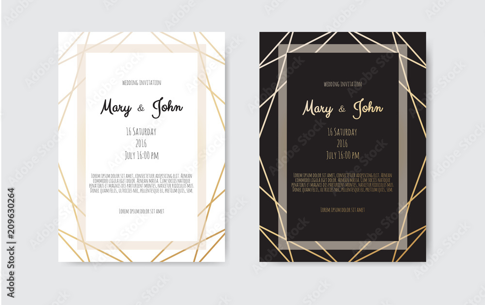 Wedding Invitation, invite card design with Geometrical art lines, gold ...