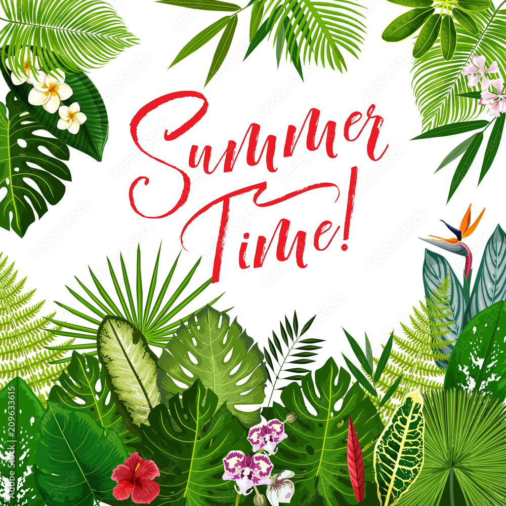 Summer Time poster with tropical flower and palm Stock Vector | Adobe Stock