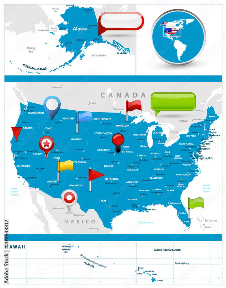 USA Map and glossy icons on map Stock Vector | Adobe Stock