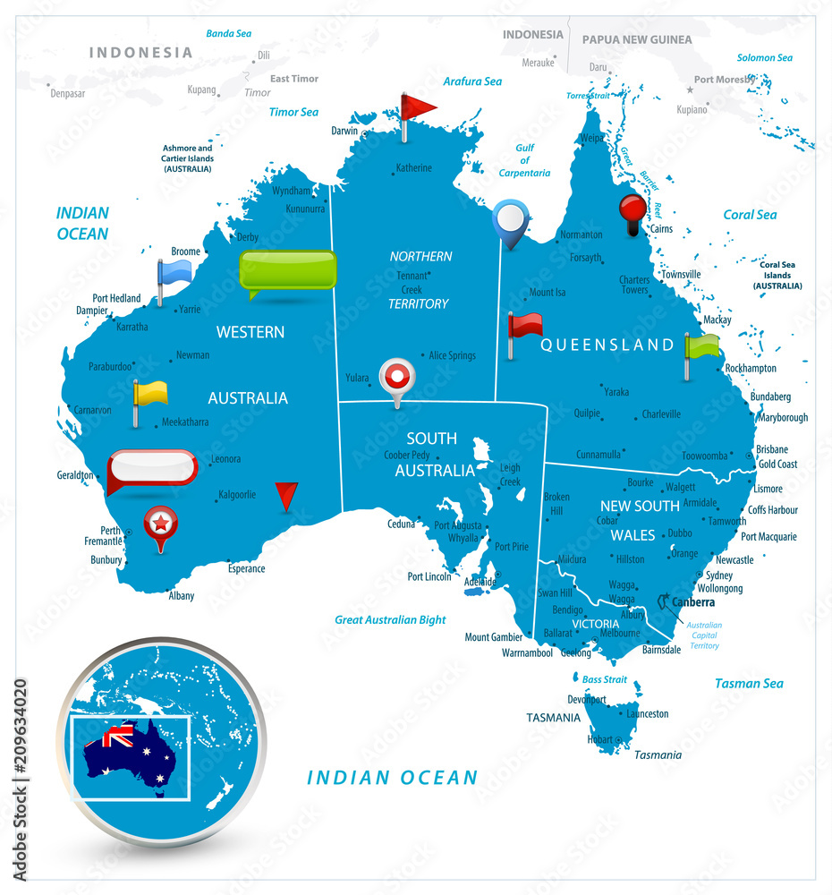 Australia Map and glossy icons on map Stock Vector | Adobe Stock
