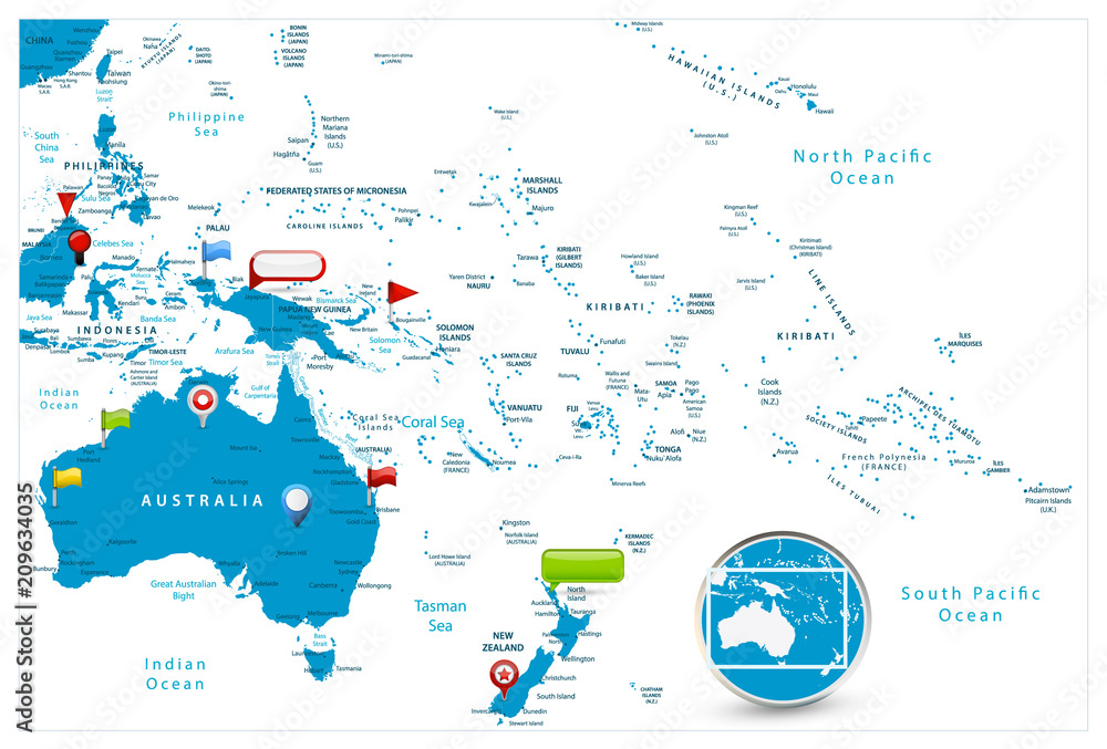 Australia and Oceania Map and glossy icons on map Stock Vector | Adobe ...