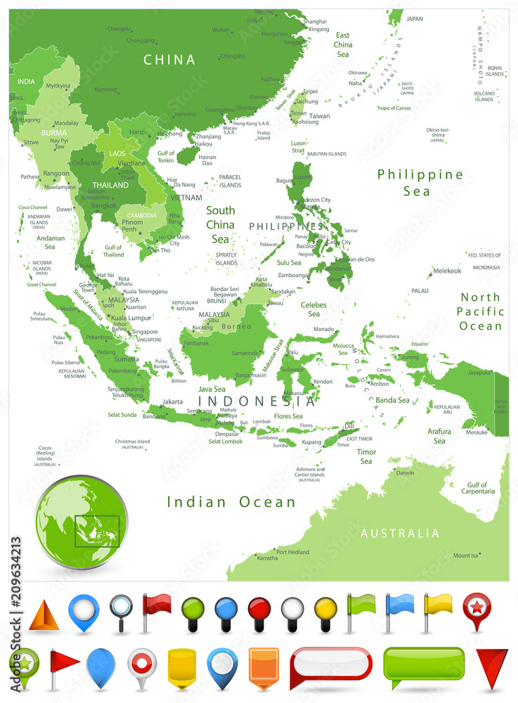 Southeast Asia Map Spot Green Colors and glossy icons Stock Vector ...