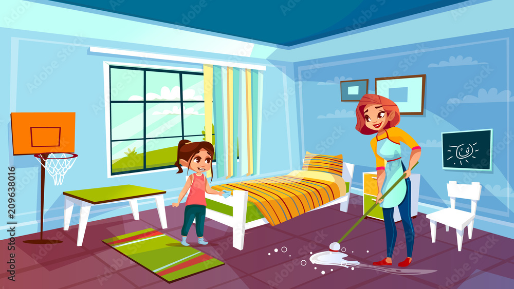 Mother and daughter cleaning room vector illustration of woman together ...