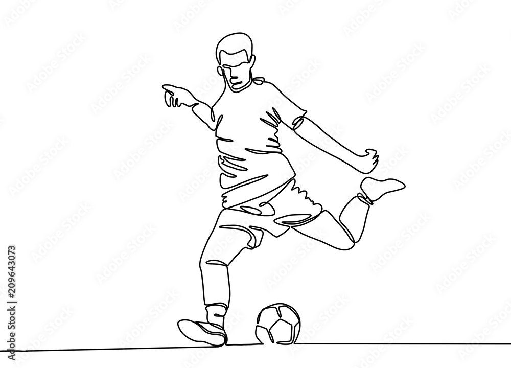 Continuous line drawing. Illustration shows a football player kicks the ...