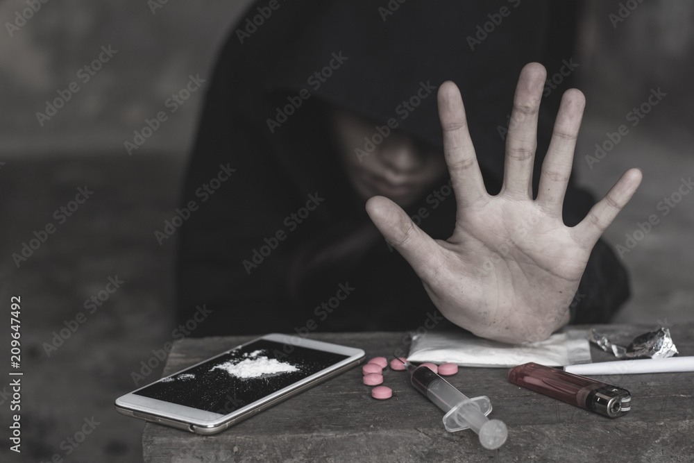 Girl shows palms against drug abuse, The concept of crime and drug ...