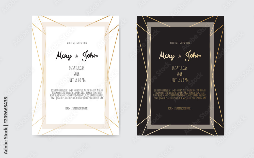 Wedding Invitation, invite card design with Geometrical art lines, gold ...