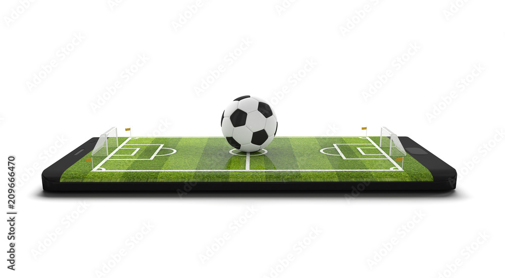 Mobile soccer. Football field on the smartphone screen and ball. Online ...