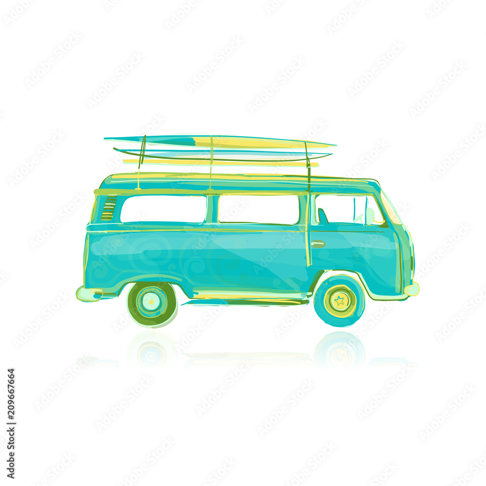 Retro bus with surfboards, sketch for your design Stock Vector | Adobe ...