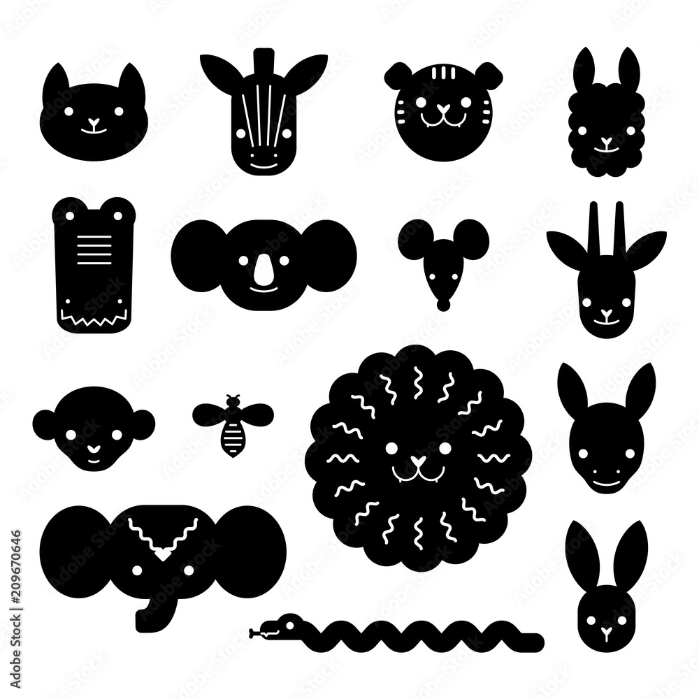 Cartoon animal heads bundle. Modern concept of flat design for kids ...