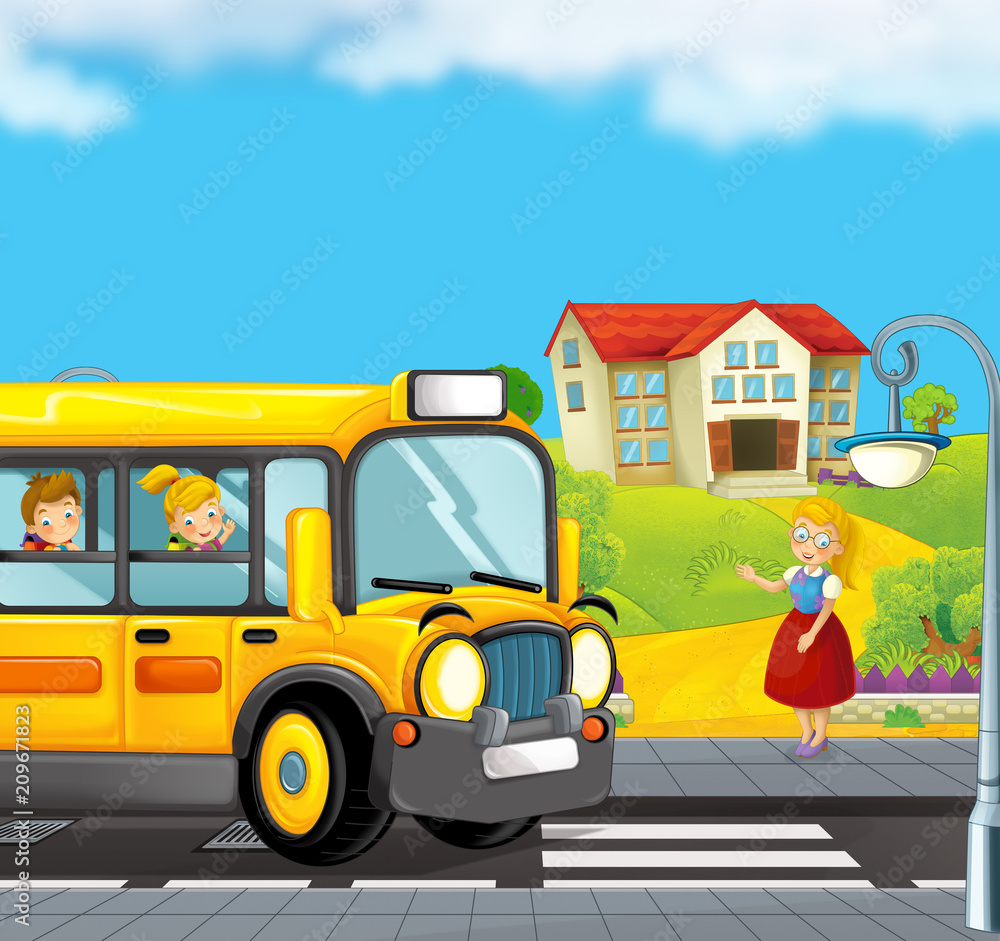 cartoon scene with school bus taking kids to school and teacher waiting ...
