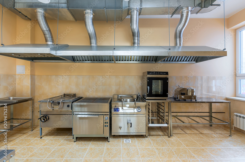 Professional kitchen, view counter in stainless steel. Stock Photo ...