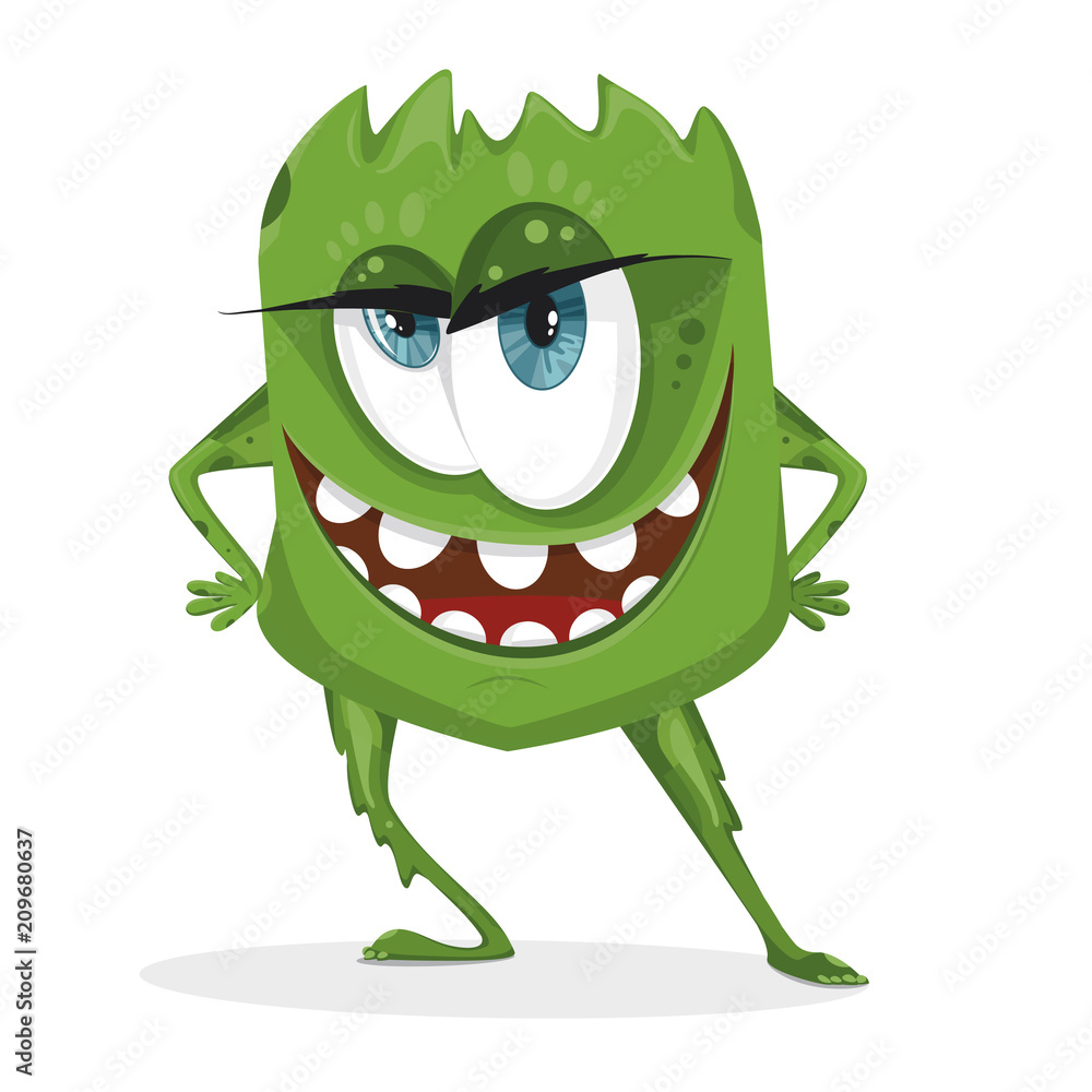 Cartoon green monster. Bacteria with large eyes, teeth, hands, feet ...