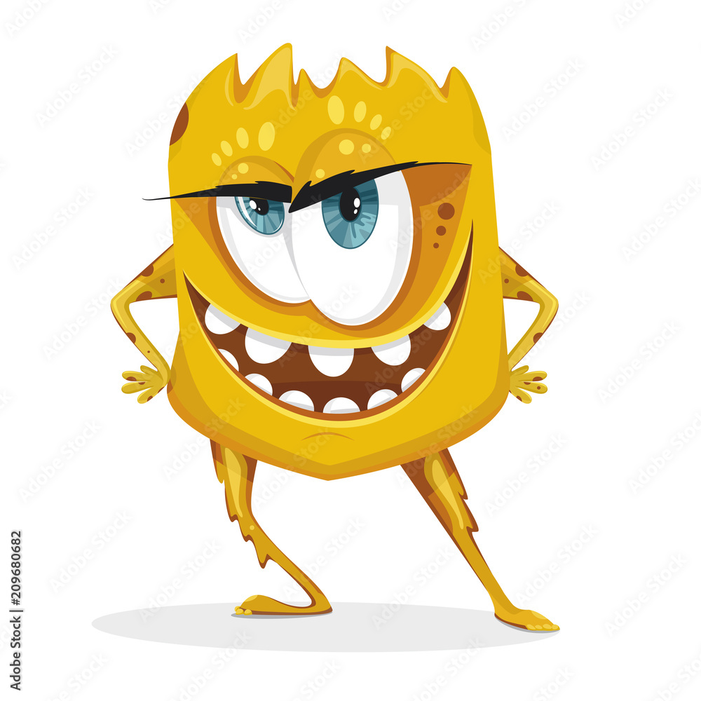 Cartoon yellow monster. Bacteria with large eyes, teeth, hands, feet ...