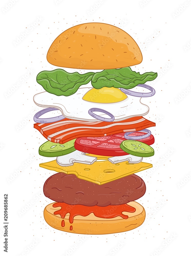 Tasty hamburger with layers or ingredients isolated on white background ...
