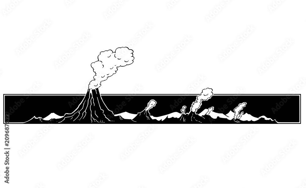 Vector artistic pen and ink drawing illustration of volcano mountain ...