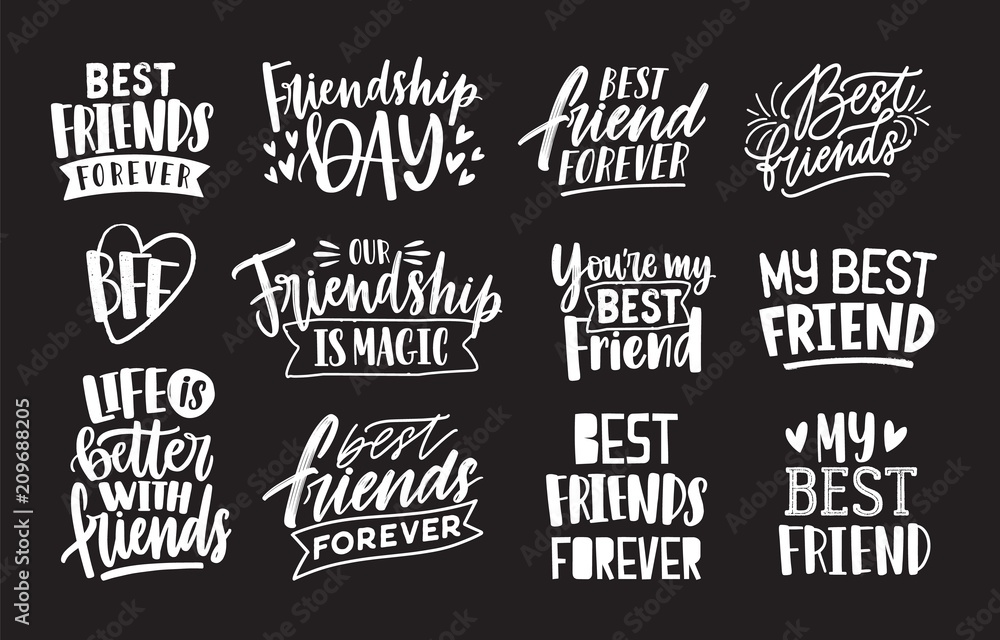 Set of friends and friendship phrases handwritten with calligraphic ...