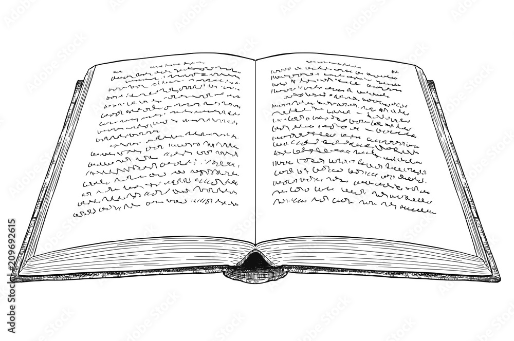 Vector artistic pen and ink drawing illustration of old open book with ...