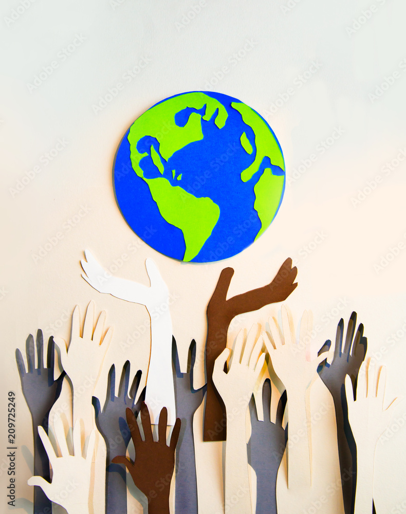 Humans hands raised up towards the Planet Earth sign. Togetherness ...
