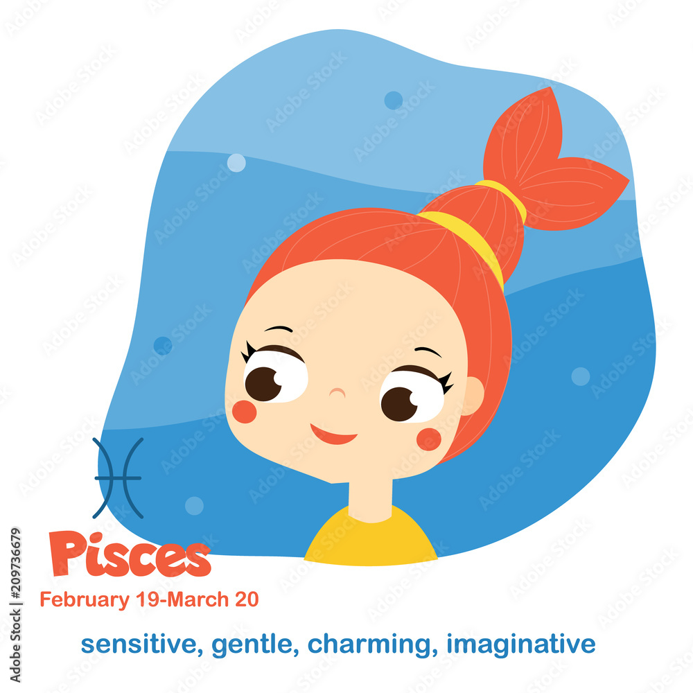Pisces. Kids zodiac. Children horoscope sign. Astrological symbols with ...