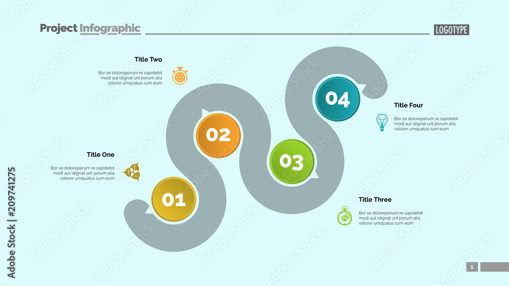 Four points process chart slide template. Business data. Point ...
