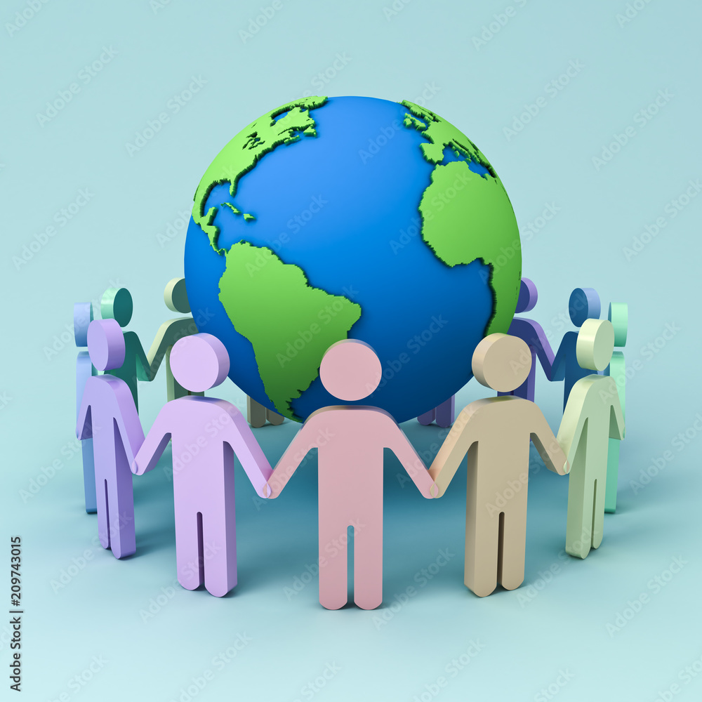 Colorful People Holding Hands Around Globe on blue background . 3D ...