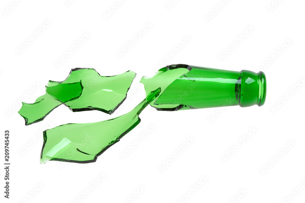 broken bottle of green, broken glass on white background Stock Photo ...