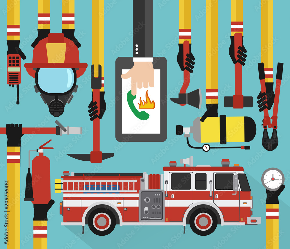Fire Fighting infographic concept flat online call with fire engine ...