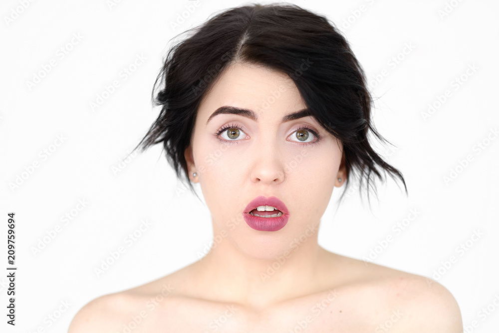 emotion face. overwhelmed perplexed shocked surprised astounded woman ...