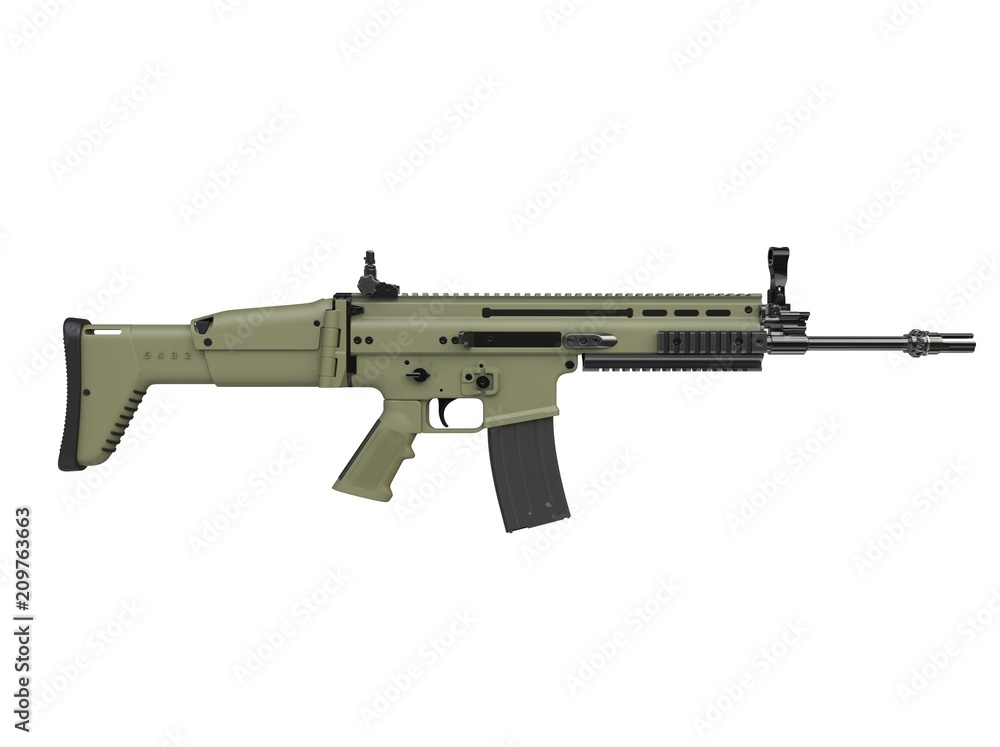 Army green modern assault rifle - side view - 3D Illustration Stock ...