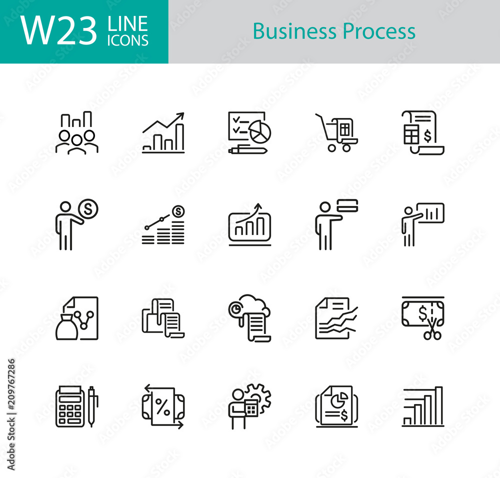 Business process icons. Set of twenty line icons. Presentation, diagram ...