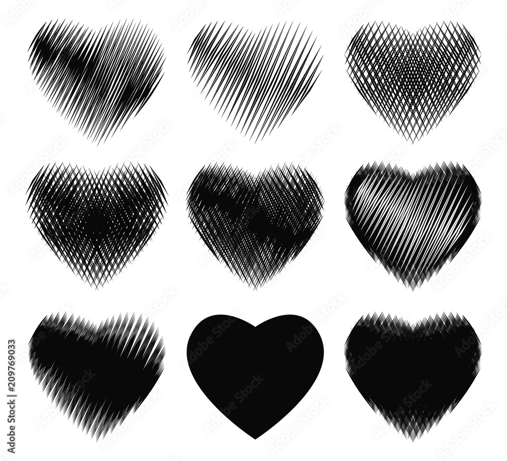 Monochrome heart icons sketch set. Different grunge dirty shapes of ...