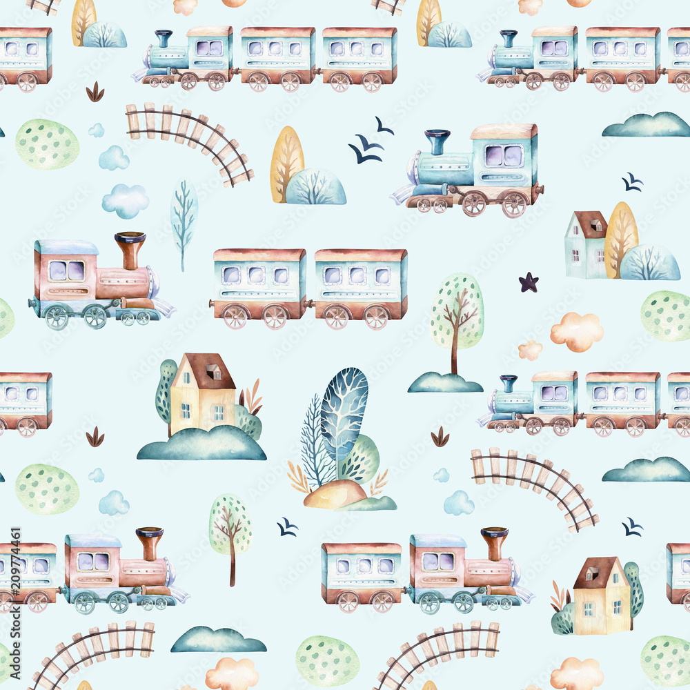 Baby boys world. Cartoon airplane, plane and waggon locomotive ...