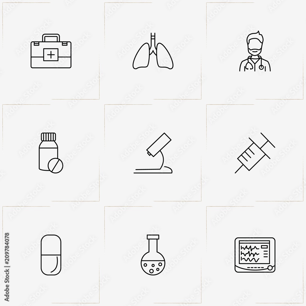Medicine line icon set with first aid kit , syringe and heart beat ...