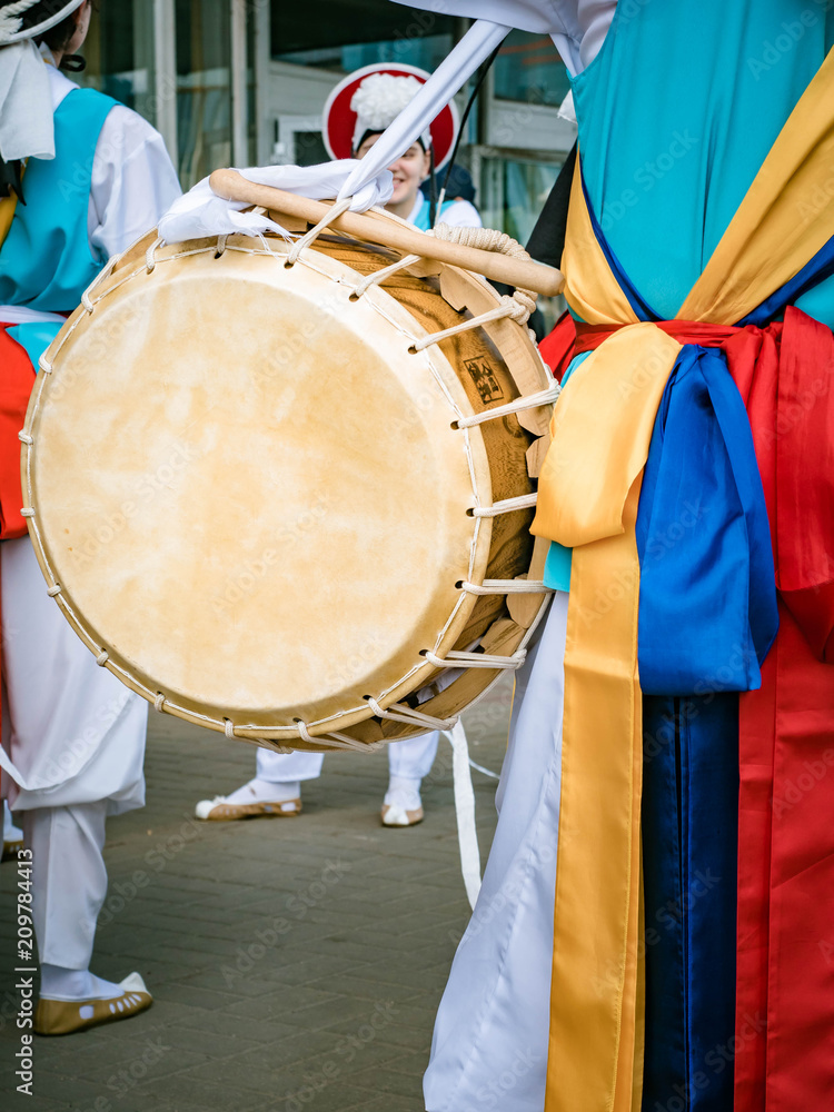 Blured picture of Musicians play on a Korean traditional percussion ...