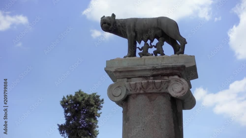 Statue of she-wolf on Capitoline hill in slow motion. Twins founders of ...