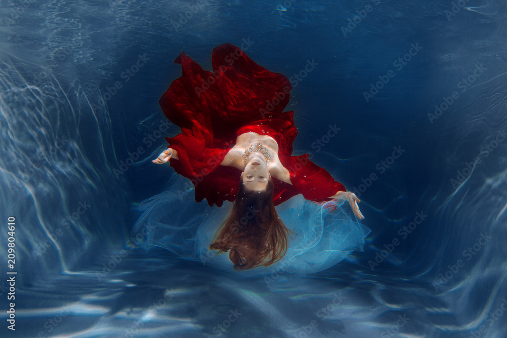 Girl mermaid. Underwater scene. A woman, a fashion model in the water ...