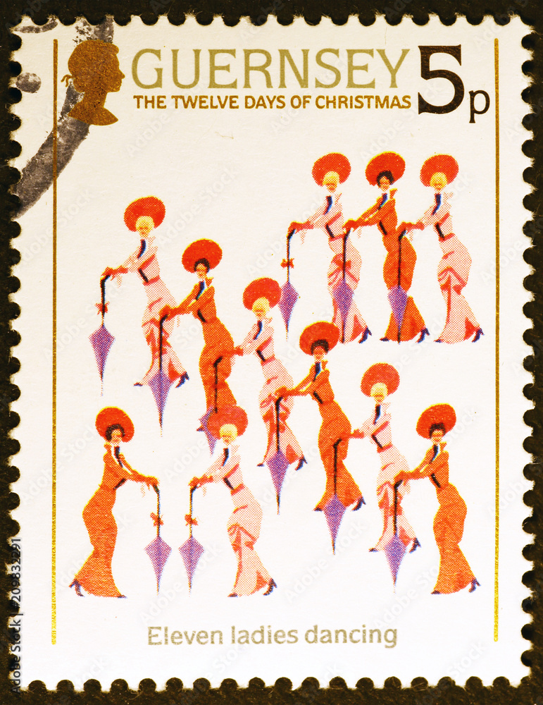 Twelve days of Christmas, 11 ladies dancing on postage stamp of ...