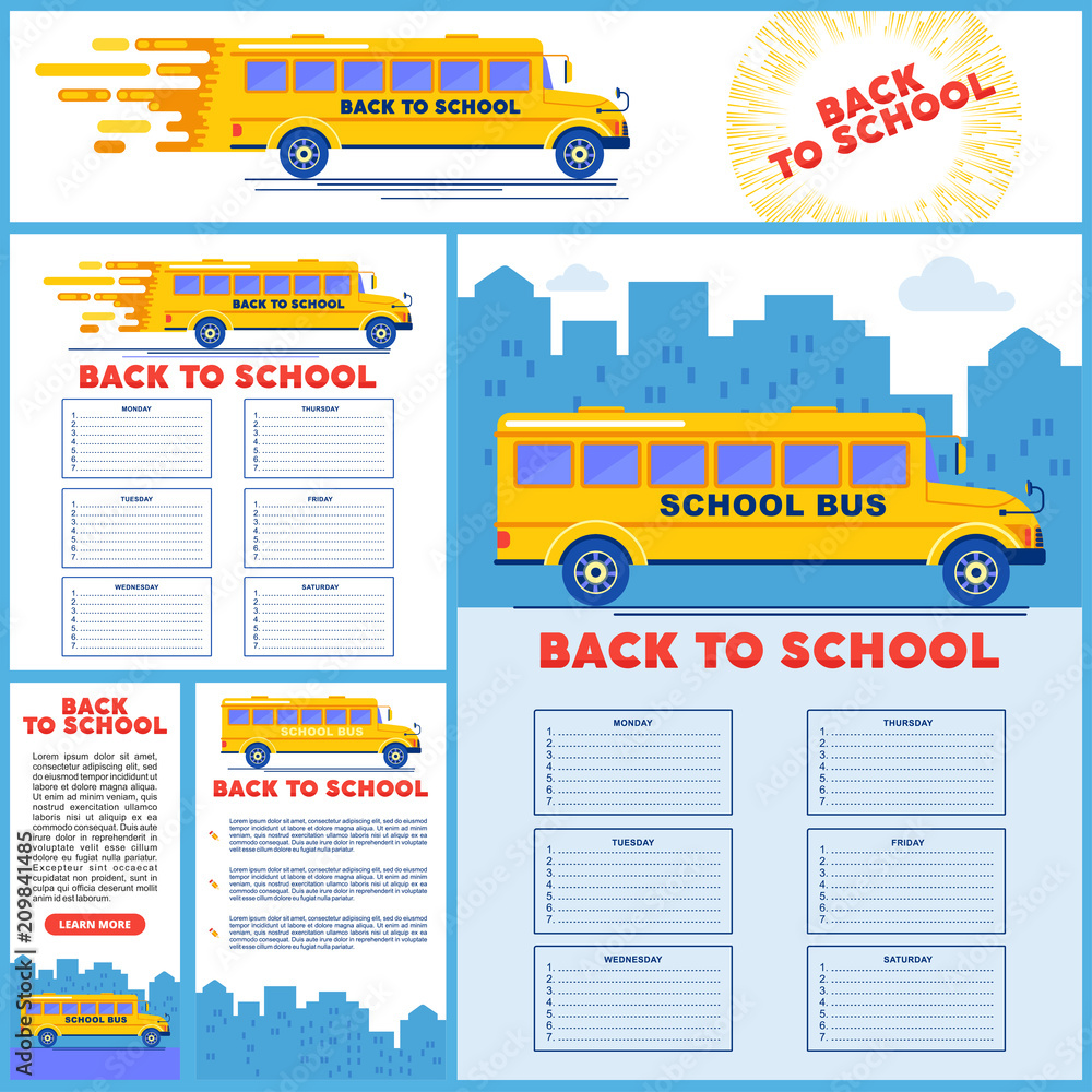 Poster and bannners templates with bright, modern yellow school bus for ...
