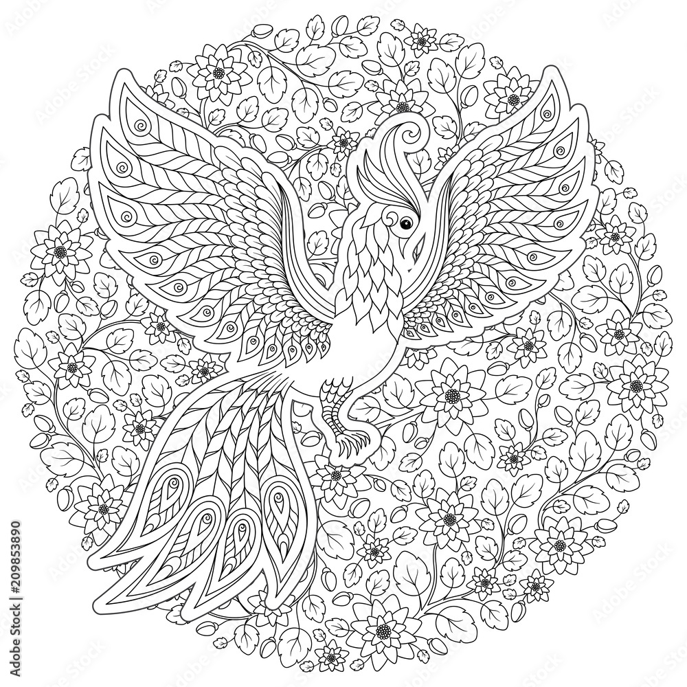 Firebird for anti stress Coloring Page with high details. Stock Vector ...